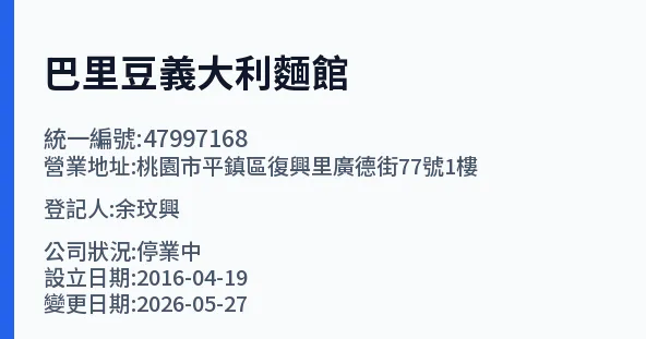 巴里豆義大利麵館的照片-統編 47997168(桃園市) 公司登記資料與營業項目詳細圖表