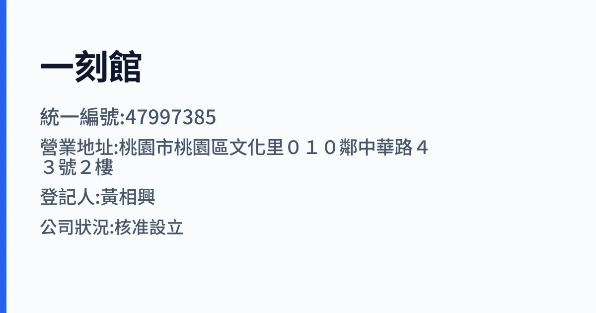 一刻館 - 統編 47997385(桃園市) 公司登記資料與營業項目詳細圖表