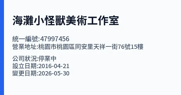 海灘小怪獸美術工作室的照片-統編 47997456(桃園市) 公司登記資料與營業項目詳細圖表