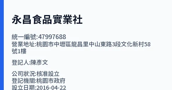 永昌食品實業社的照片-統編 47997688(桃園市) 公司登記資料與營業項目詳細圖表