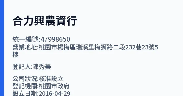 合力興農資行的照片-統編 47998650(桃園市) 公司登記資料與營業項目詳細圖表