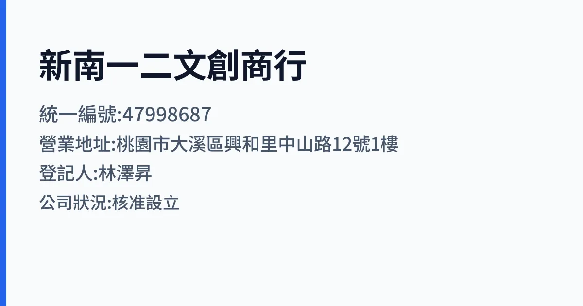 新南一二文創商行 - 統編 47998687(桃園市) 公司登記資料與營業項目詳細圖表