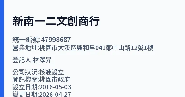 新南一二文創商行的照片-統編 47998687(桃園市) 公司登記資料與營業項目詳細圖表