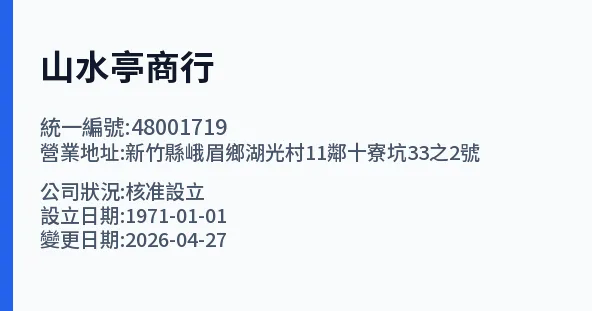 山水亭商行的照片-統編 48001719(新竹縣) 公司登記資料與營業項目詳細圖表