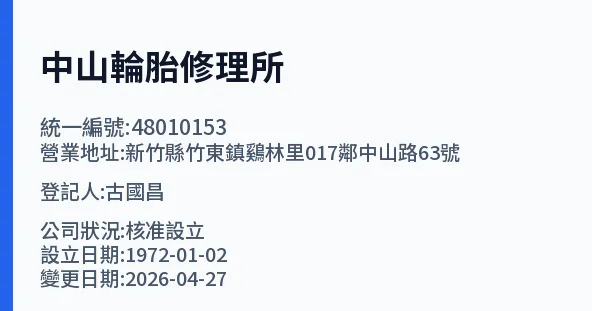 中山輪胎修理所的照片-統編 48010153(新竹縣) 公司登記資料與營業項目詳細圖表