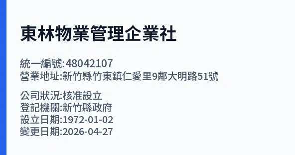 東林物業管理企業社的照片-統編 48042107(新竹縣) 公司登記資料與營業項目詳細圖表