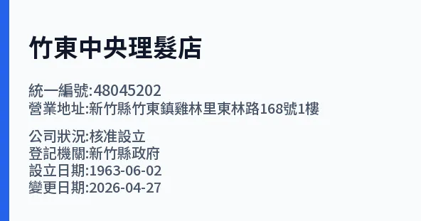 竹東中央理髮店的照片-統編 48045202(新竹縣) 公司登記資料與營業項目詳細圖表
