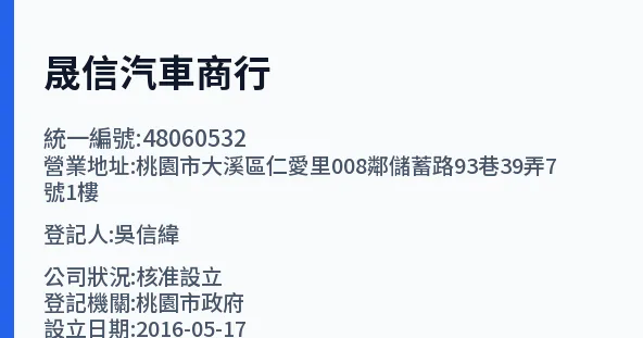 晟信汽車商行的照片-統編 48060532(桃園市) 公司登記資料與營業項目詳細圖表