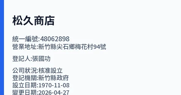 松久商店的照片-統編 48062898(新竹縣) 公司登記資料與營業項目詳細圖表
