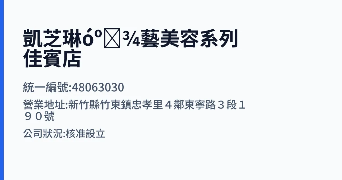 凱芝琳󺏾藝美容系列佳賓店 - 統編 48063030(新竹縣) 公司登記資料與營業項目詳細圖表