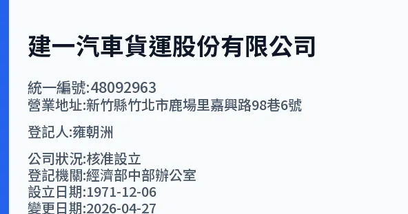 建一汽車貨運股份有限公司的照片-統編 48092963(新竹縣) 公司登記資料與營業項目詳細圖表
