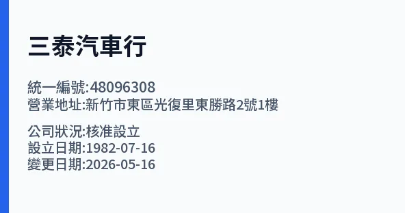 三泰汽車行的照片-統編 48096308(新竹市) 公司登記資料與營業項目詳細圖表