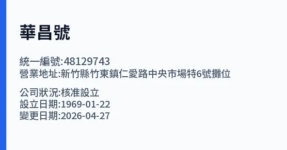 華昌號的照片-統編 48129743(新竹縣) 公司登記資料與營業項目詳細圖表