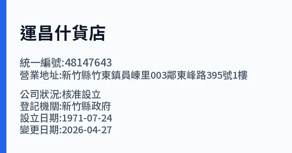 運昌什貨店的照片-統編 48147643(新竹縣) 公司登記資料與營業項目詳細圖表