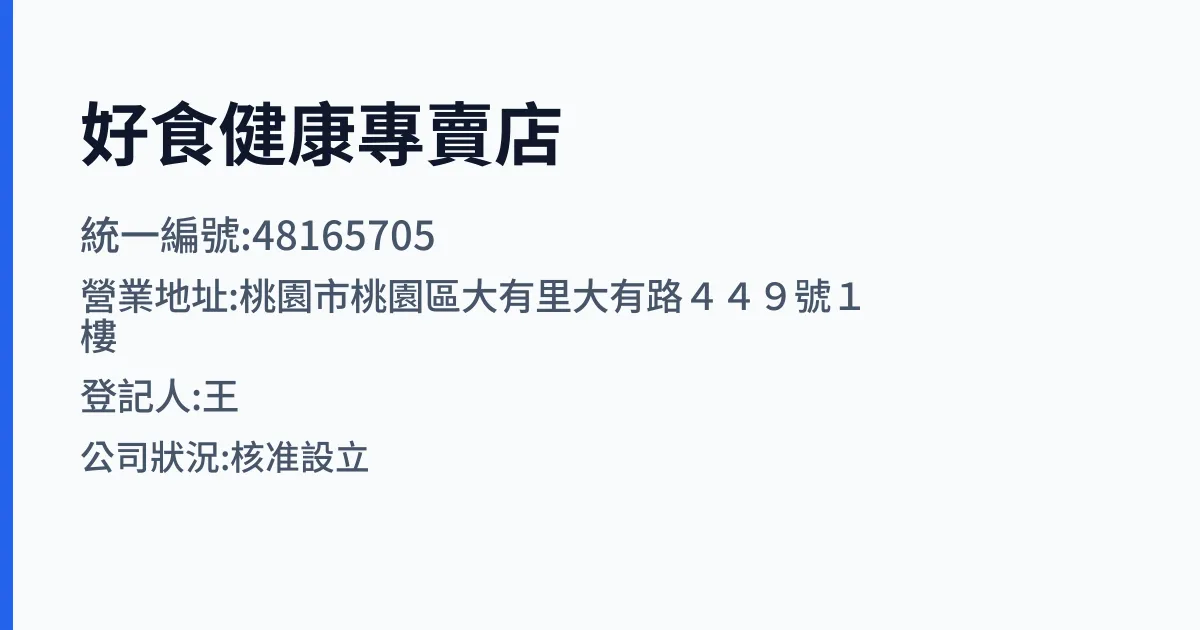 好食健康專賣店 - 統編 48165705(桃園市) 公司登記資料與營業項目詳細圖表