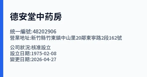 德安堂中葯房的照片-統編 48202906(新竹縣) 公司登記資料與營業項目詳細圖表
