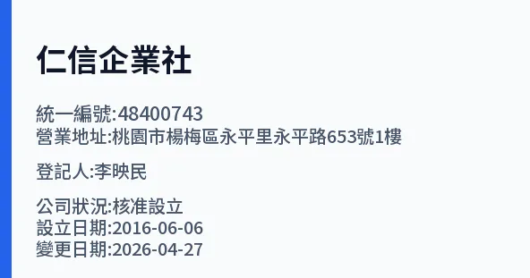 仁信企業社的照片-統編 48400743(桃園市) 公司登記資料與營業項目詳細圖表