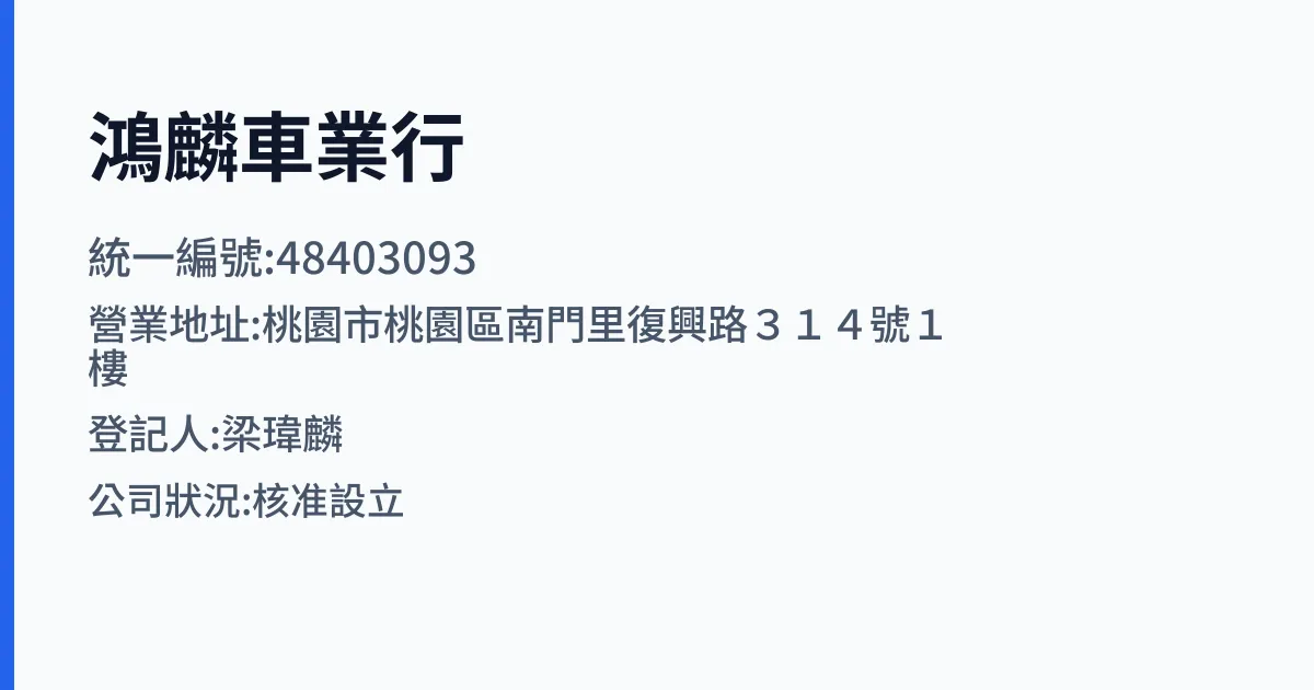 鴻麟車業行 - 統編 48403093(桃園市) 公司登記資料與營業項目詳細圖表