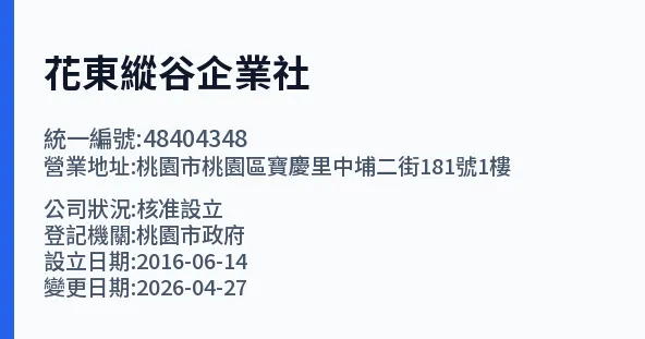 花東縱谷企業社的照片-統編 48404348(桃園市) 公司登記資料與營業項目詳細圖表