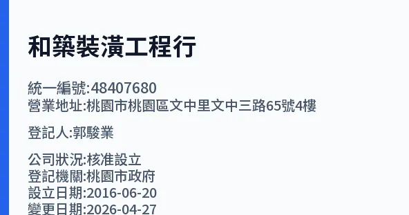 和築裝潢工程行的照片-統編 48407680(桃園市) 公司登記資料與營業項目詳細圖表