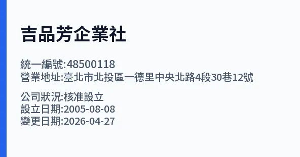 吉品芳企業社的照片-統編 48500118(臺北市) 公司登記資料與營業項目詳細圖表