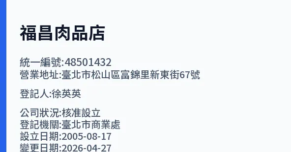 福昌肉品店的照片-統編 48501432(臺北市) 公司登記資料與營業項目詳細圖表