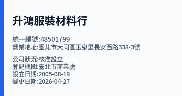 升鴻服裝材料行的照片-統編 48501799(臺北市) 公司登記資料與營業項目詳細圖表