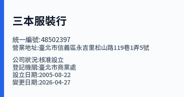 三本服裝行的照片-統編 48502397(臺北市) 公司登記資料與營業項目詳細圖表