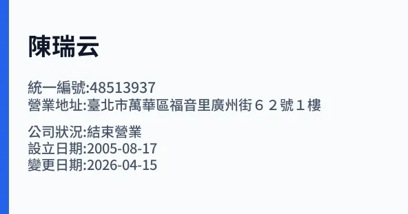 陳瑞云的照片-統編 48513937(臺北市) 公司登記資料與營業項目詳細圖表