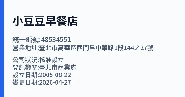 小豆豆早餐店的照片-統編 48534551(臺北市) 公司登記資料與營業項目詳細圖表