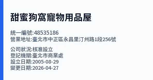 甜蜜狗窩寵物用品屋的照片-統編 48535186(臺北市) 公司登記資料與營業項目詳細圖表