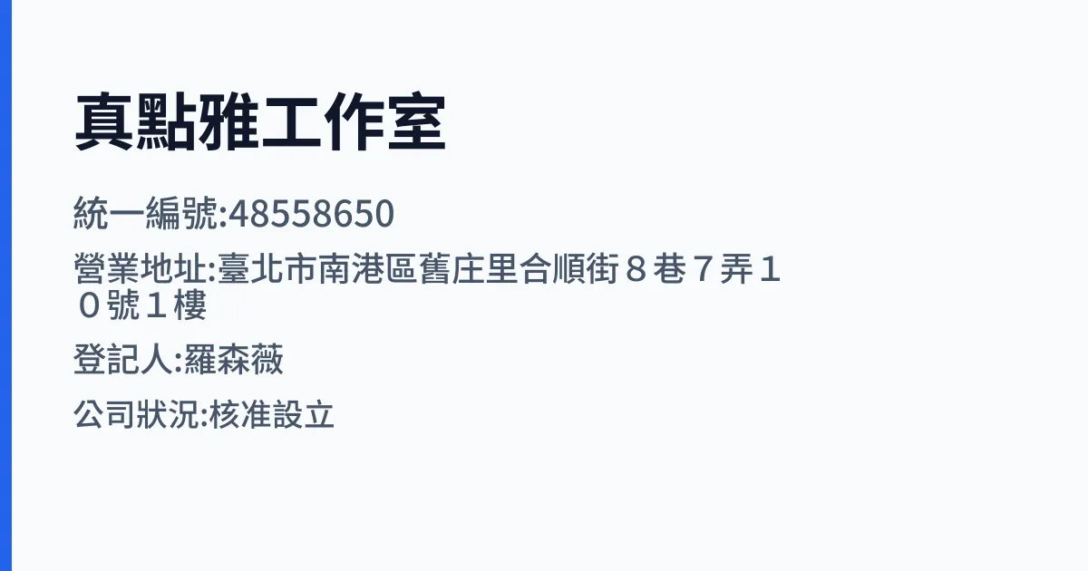 真點雅工作室 - 統編 48558650(臺北市) 公司登記資料與營業項目詳細圖表