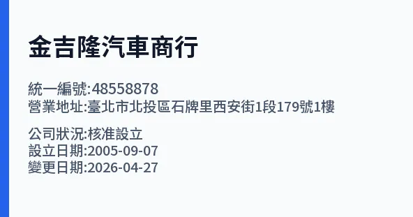 金吉隆汽車商行的照片-統編 48558878(臺北市) 公司登記資料與營業項目詳細圖表