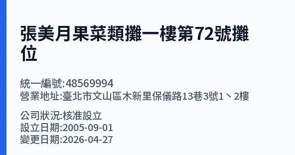 張美月果菜類攤一樓第72號攤位的照片-統編 48569994(臺北市) 公司登記資料與營業項目詳細圖表