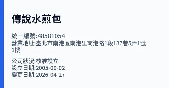傳說水煎包的照片-統編 48581054(臺北市) 公司登記資料與營業項目詳細圖表