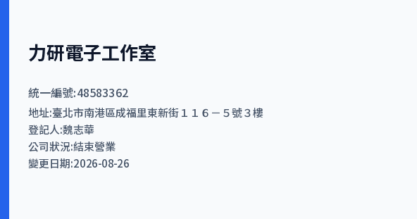 力研電子工作室的照片-統編 48583362(臺北市) 公司登記資料與營業項目詳細圖表