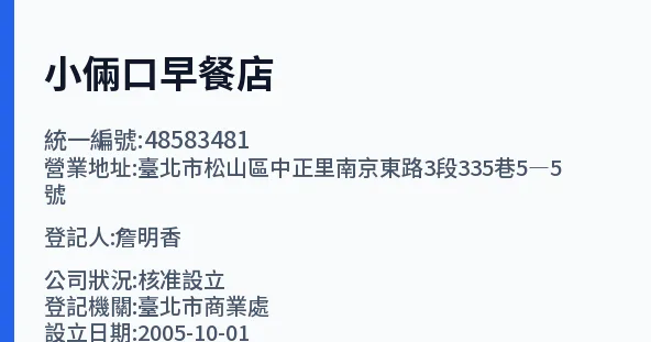 小倆口早餐店的照片-統編 48583481(臺北市) 公司登記資料與營業項目詳細圖表