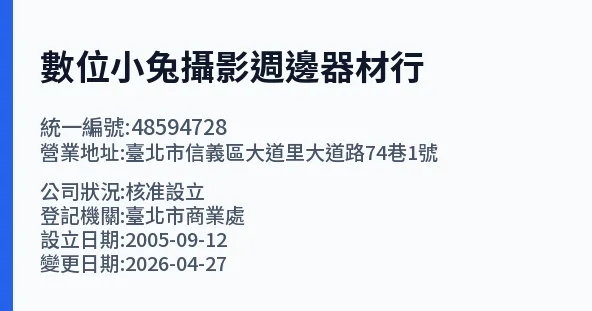 數位小兔攝影週邊器材行的照片-統編 48594728(臺北市) 公司登記資料與營業項目詳細圖表