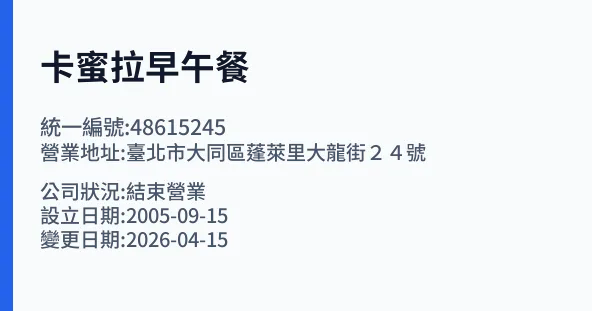 卡蜜拉早午餐的照片-統編 48615245(臺北市) 公司登記資料與營業項目詳細圖表