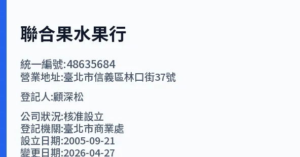 聯合果水果行的照片-統編 48635684(臺北市) 公司登記資料與營業項目詳細圖表