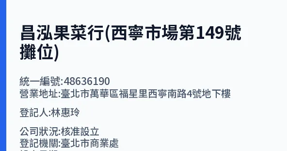 昌泓果菜行(西寧市場第149號攤位)的照片-統編 48636190(臺北市) 公司登記資料與營業項目詳細圖表
