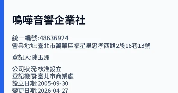 鳴嘩音響企業社的照片-統編 48636924(臺北市) 公司登記資料與營業項目詳細圖表
