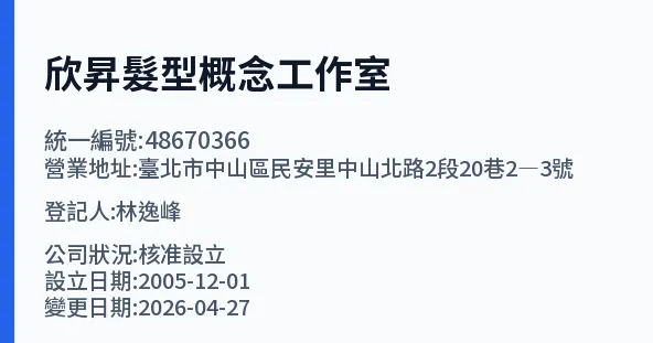 欣昇髮型概念工作室的照片-統編 48670366(臺北市) 公司登記資料與營業項目詳細圖表