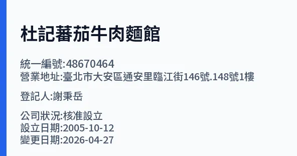 杜記蕃茄牛肉麵館的照片-統編 48670464(臺北市) 公司登記資料與營業項目詳細圖表