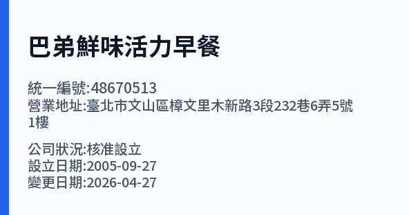 巴弟鮮味活力早餐的照片-統編 48670513(臺北市) 公司登記資料與營業項目詳細圖表