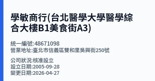 學敏商行(台北醫學大學醫學綜合大樓B1美食街A3)的照片-統編 48671098(臺北市) 公司登記資料與營業項目詳細圖表