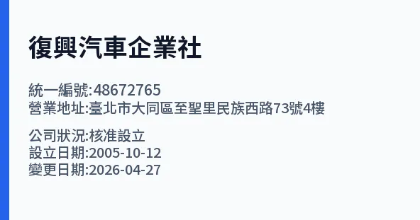 復興汽車企業社的照片-統編 48672765(臺北市) 公司登記資料與營業項目詳細圖表