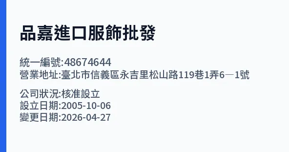 品嘉進口服飾批發的照片-統編 48674644(臺北市) 公司登記資料與營業項目詳細圖表