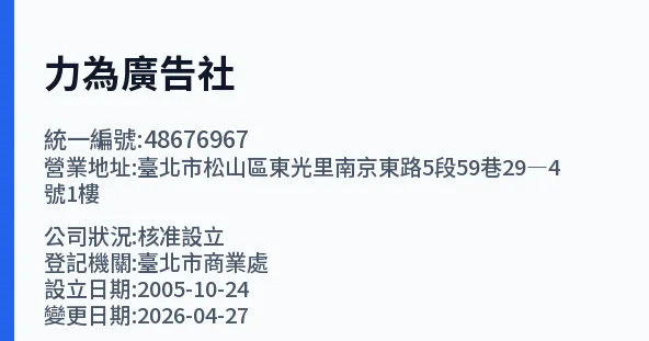力為廣告社的照片-統編 48676967(臺北市) 公司登記資料與營業項目詳細圖表