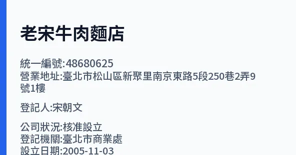 老宋牛肉麵店的照片-統編 48680625(臺北市) 公司登記資料與營業項目詳細圖表